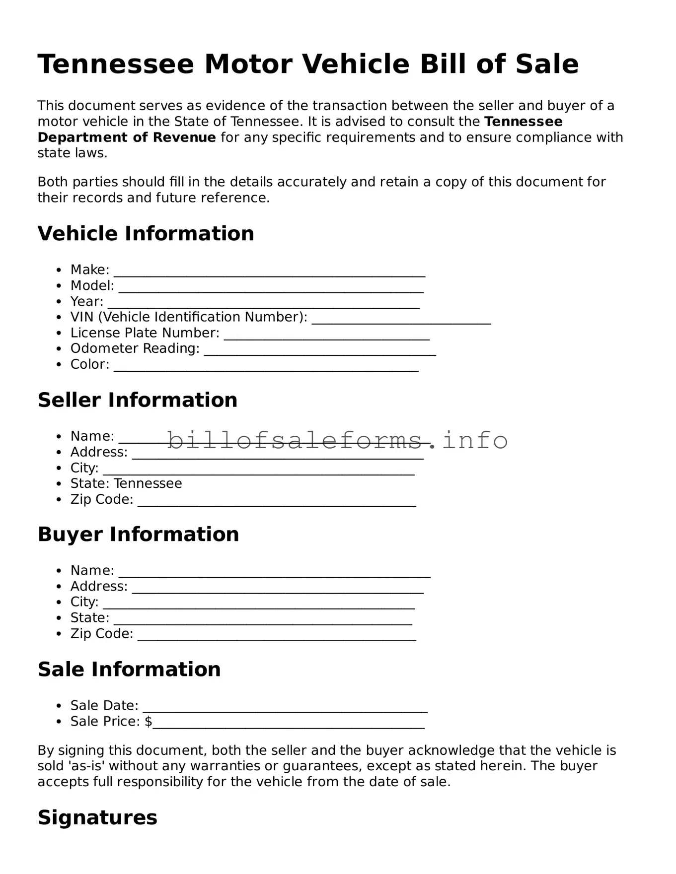 Printable Tennessee Motor Vehicle Bill of Sale Template ⋆ Free Bill of ... Printable Tennessee Motor Vehicle Bill of Sale Template ⋆ Free Bill of ...